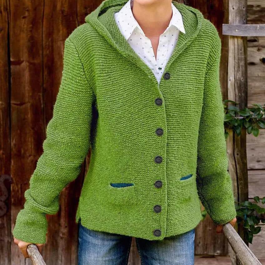 Caroline - Langärmelige Kapuze Gestrickt Jacke Mit Knöpfen